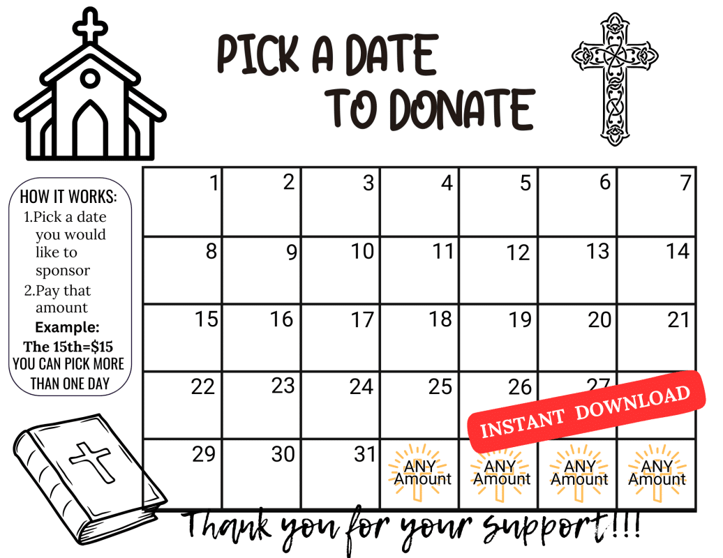 Church Pick a Date to Donate Calendar (Instant Download)
