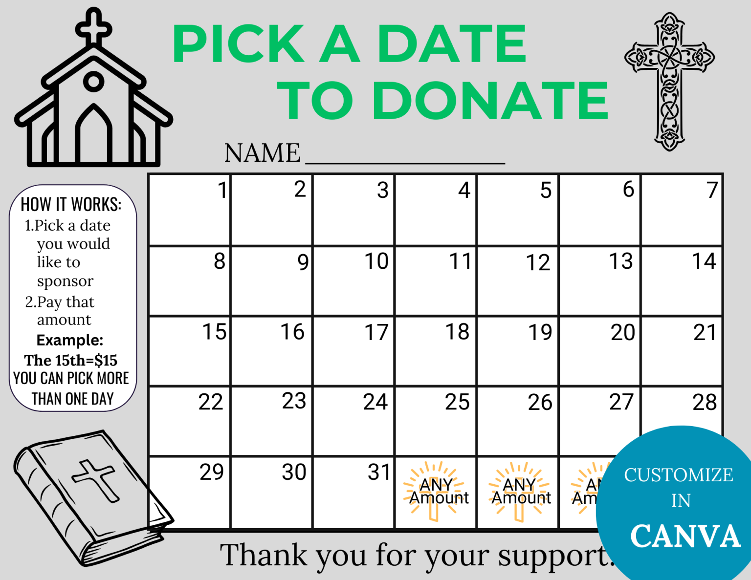 Editable Church Pick a Date to Donate Calendar Fundraiser (INSTANT ...