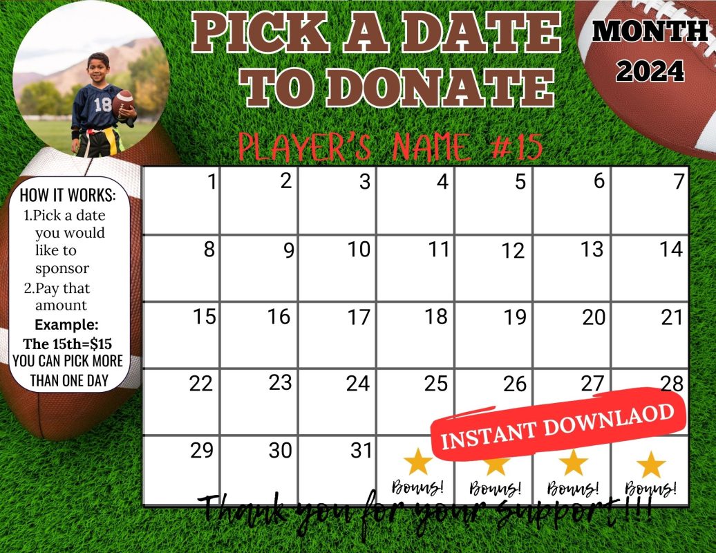 Editable Football Pick a Date to Donate Calendar Fundraiser (Instant ...