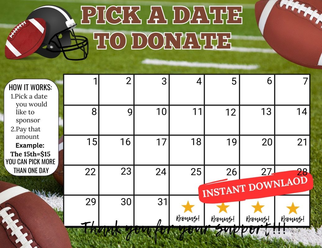 Editable Football Pick a Date to Donate Calendar Fundraiser(Instant ...
