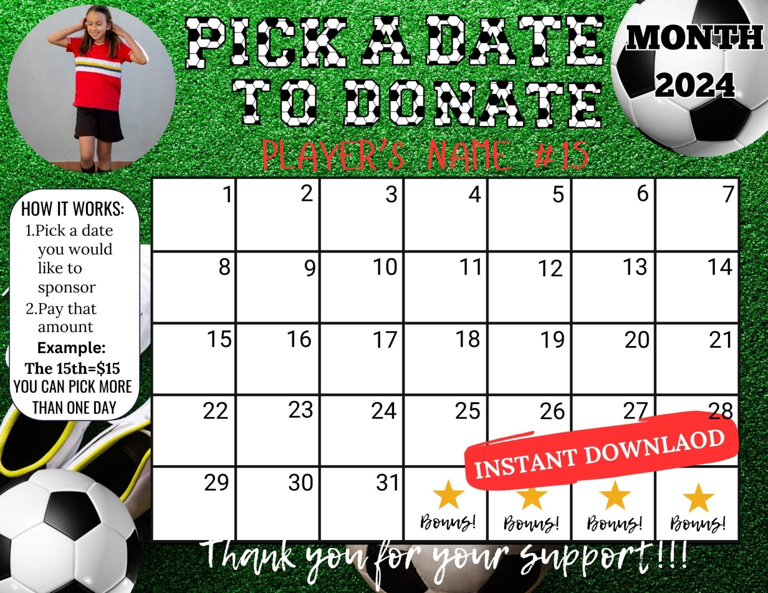 Editable Soccer Pick a Date to Donate Calendar Fundraiser(Instant Download)