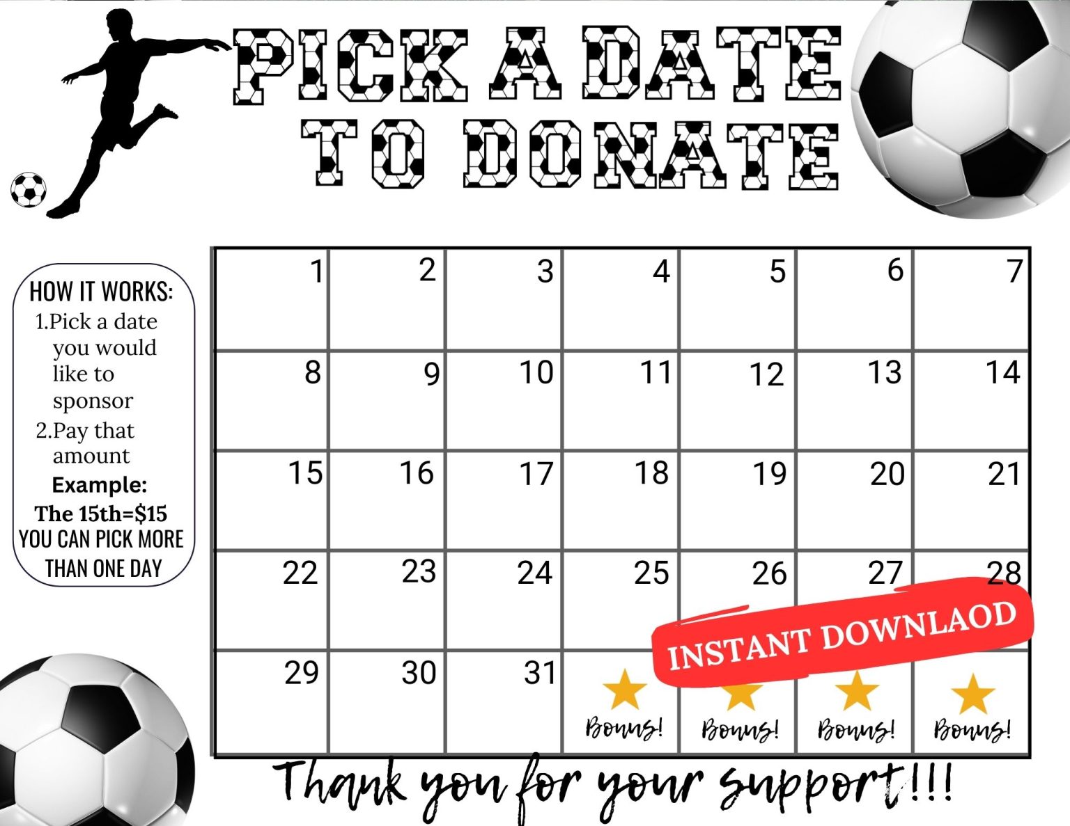 Editable Soccer Pick a Date to Donate Calendar Fundraiser(Instant Download)