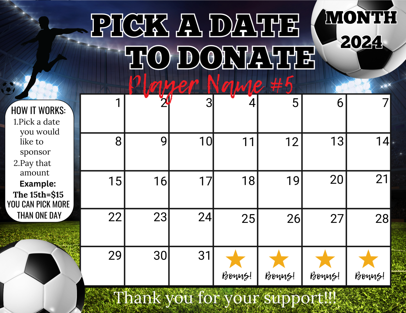 Editable Soccer Pick a Date to Donate Calendar Fundraiser
