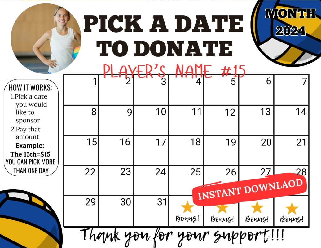 Editable Volleyball Pick a Date to Donate Calendar (Instant Download)