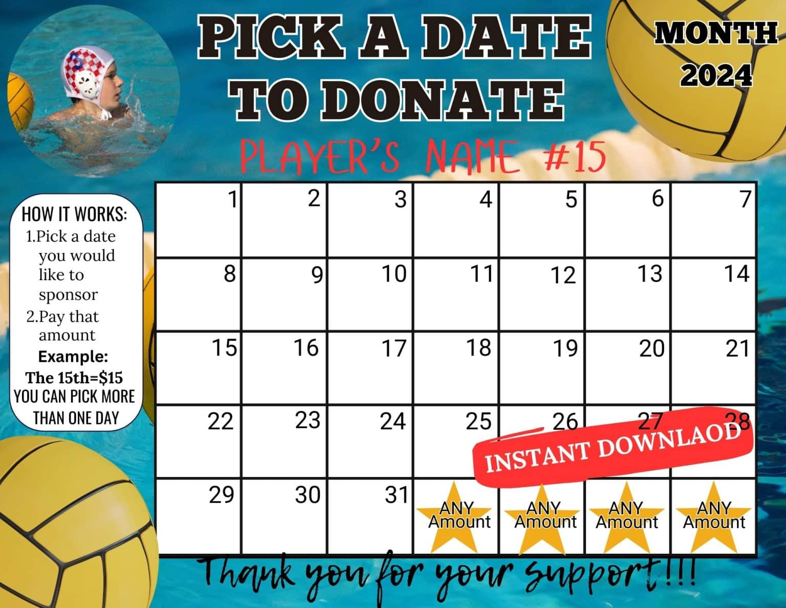 Editable Water Polo Pick a Date to Donate Calendar (Instant Download)
