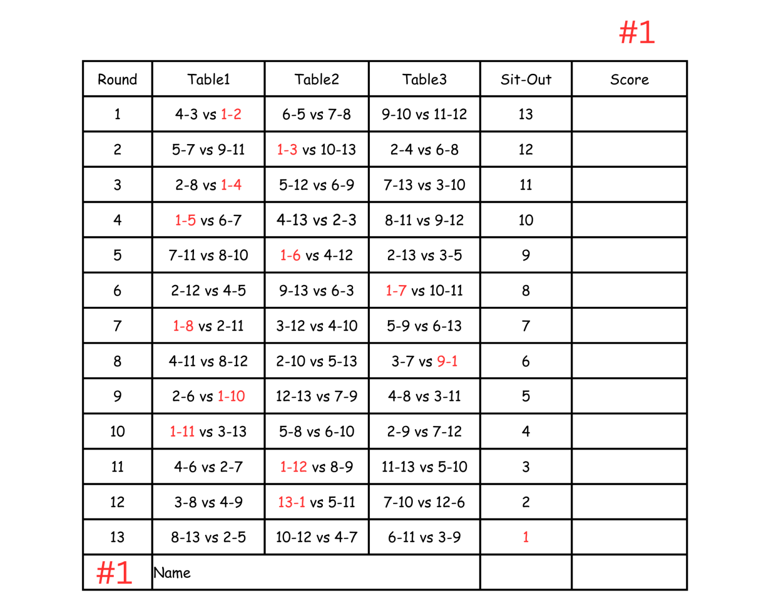 8 Person Euchre Tournament Rotation 2 Table Score Card