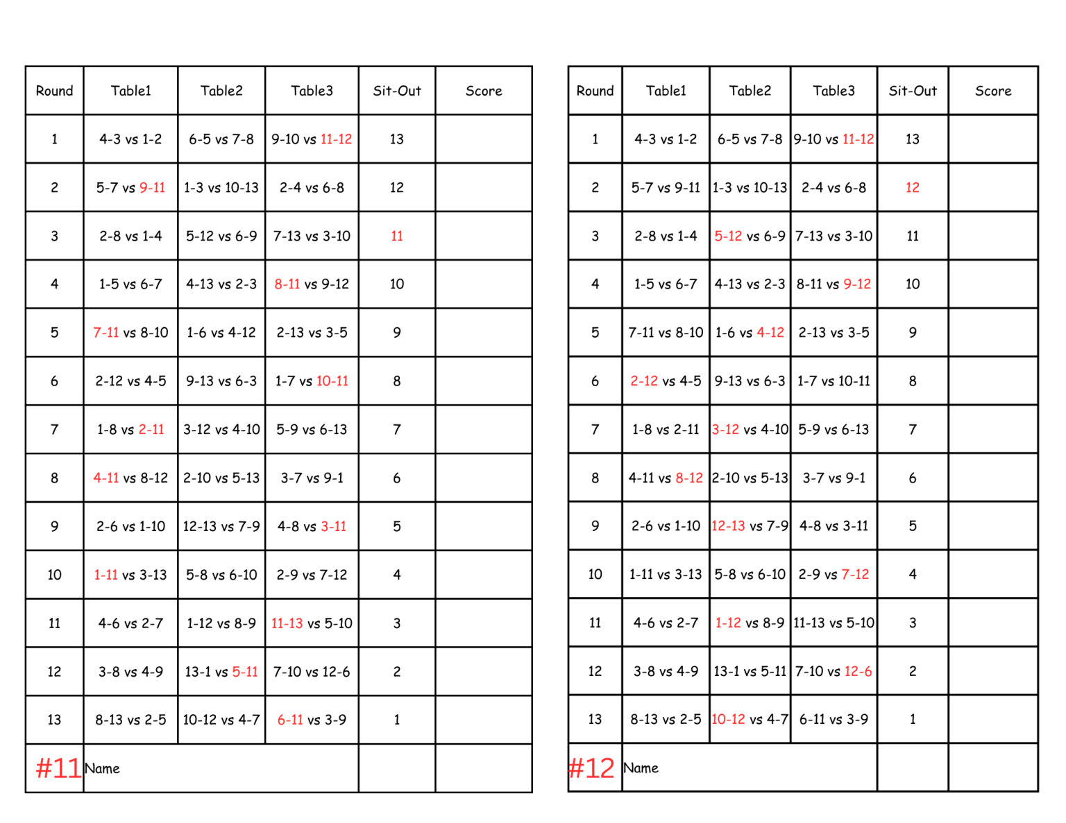 13 Person Euchre Tournament Rotation Tally Cards