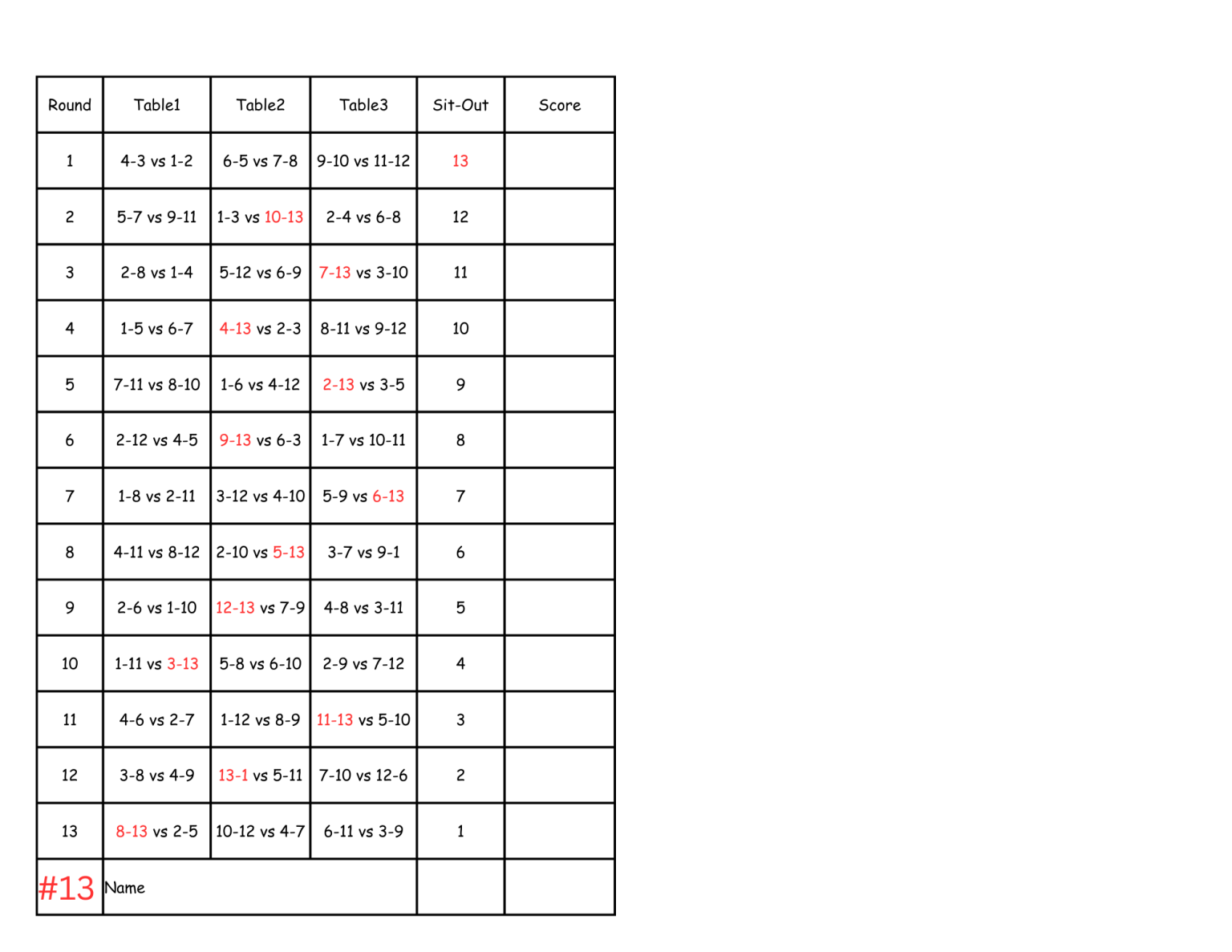 13 Person Euchre Tournament Rotation Tally Cards