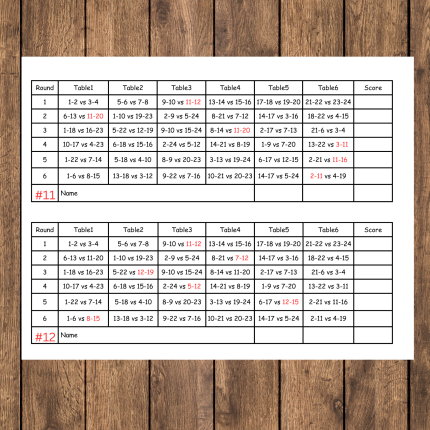 24 Person Euchre Tournament Rotation 6 Table Score Cards