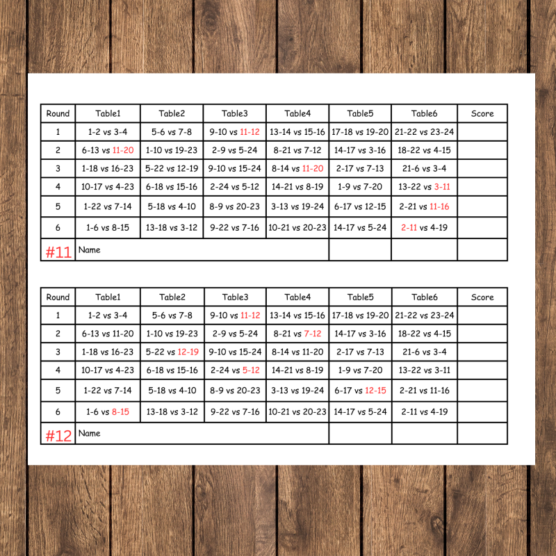 24 Person Euchre Tournament Rotation 6 Table Score Cards