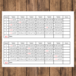 24 Person Euchre Tournament Rotation 6 Table Score Cards