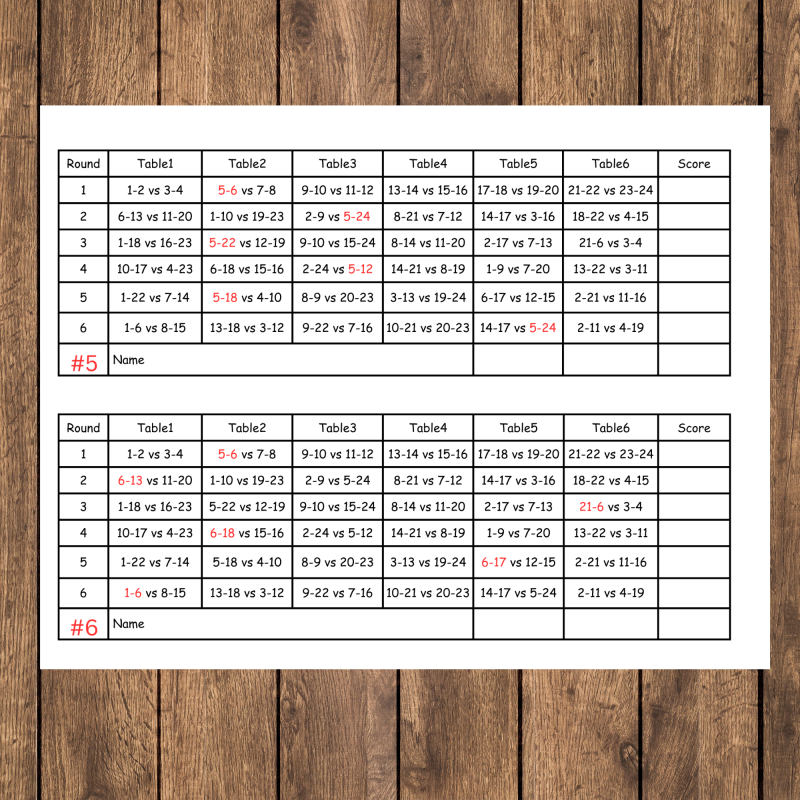 24 Person Euchre Tournament Rotation 6 Table Score Cards