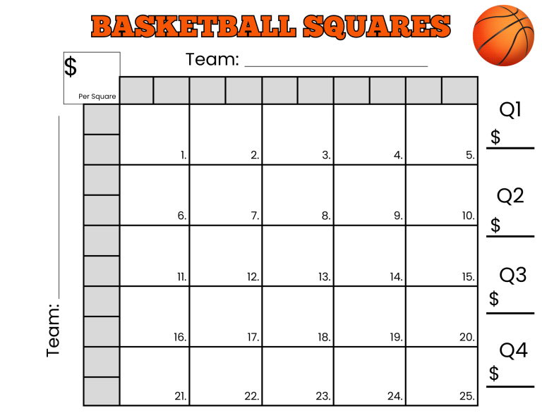 Basketball 25 Squares Game Printable