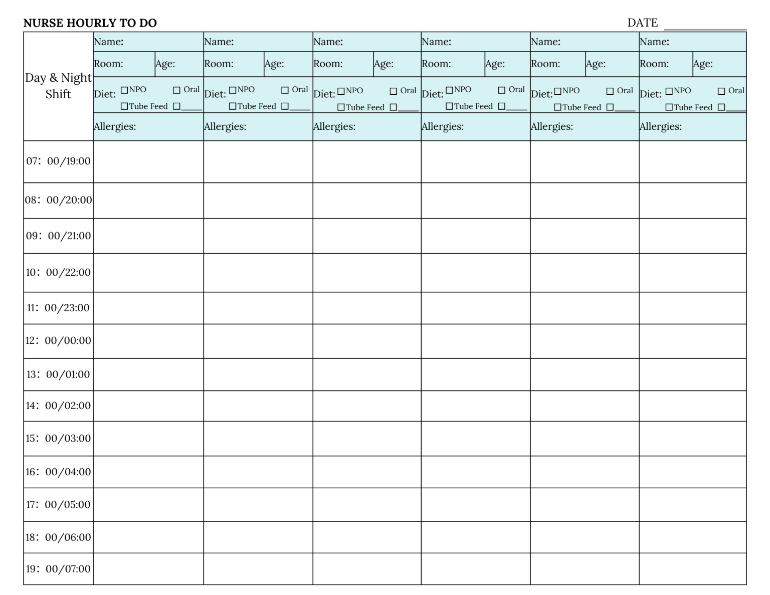 6 Patient Nurse Hourly To Do Shift Planner