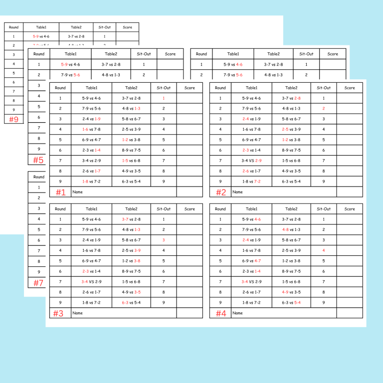 8 Person Euchre Tournament Rotation 2 Table Score Card