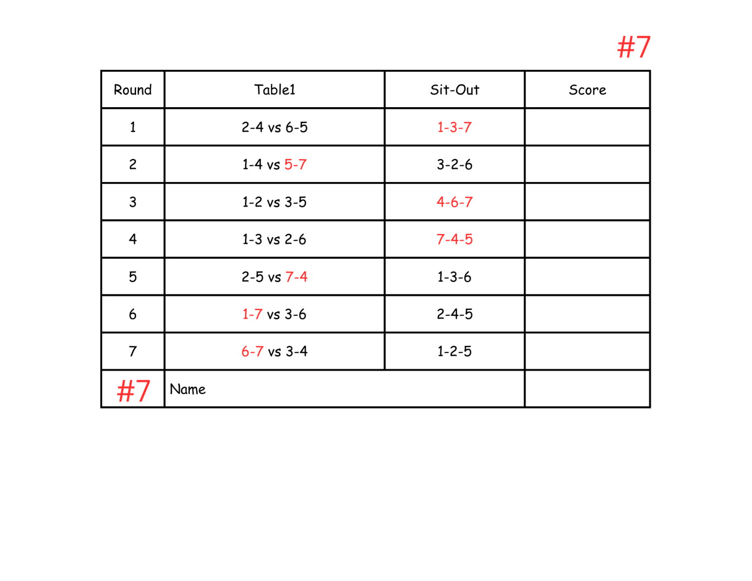 8 Person Euchre Tournament Rotation 2 Table Score Card
