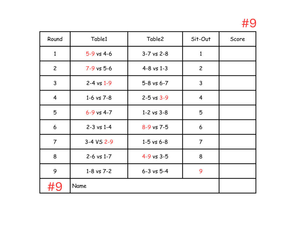 8 Person Euchre Tournament Rotation 2 Table Score Card