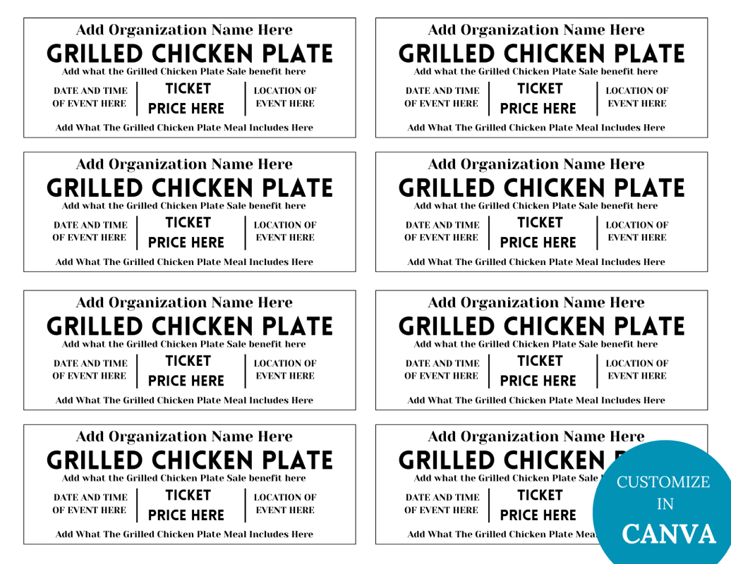 Editable Grilled Chicken Plate Sale Fundraiser Ticket