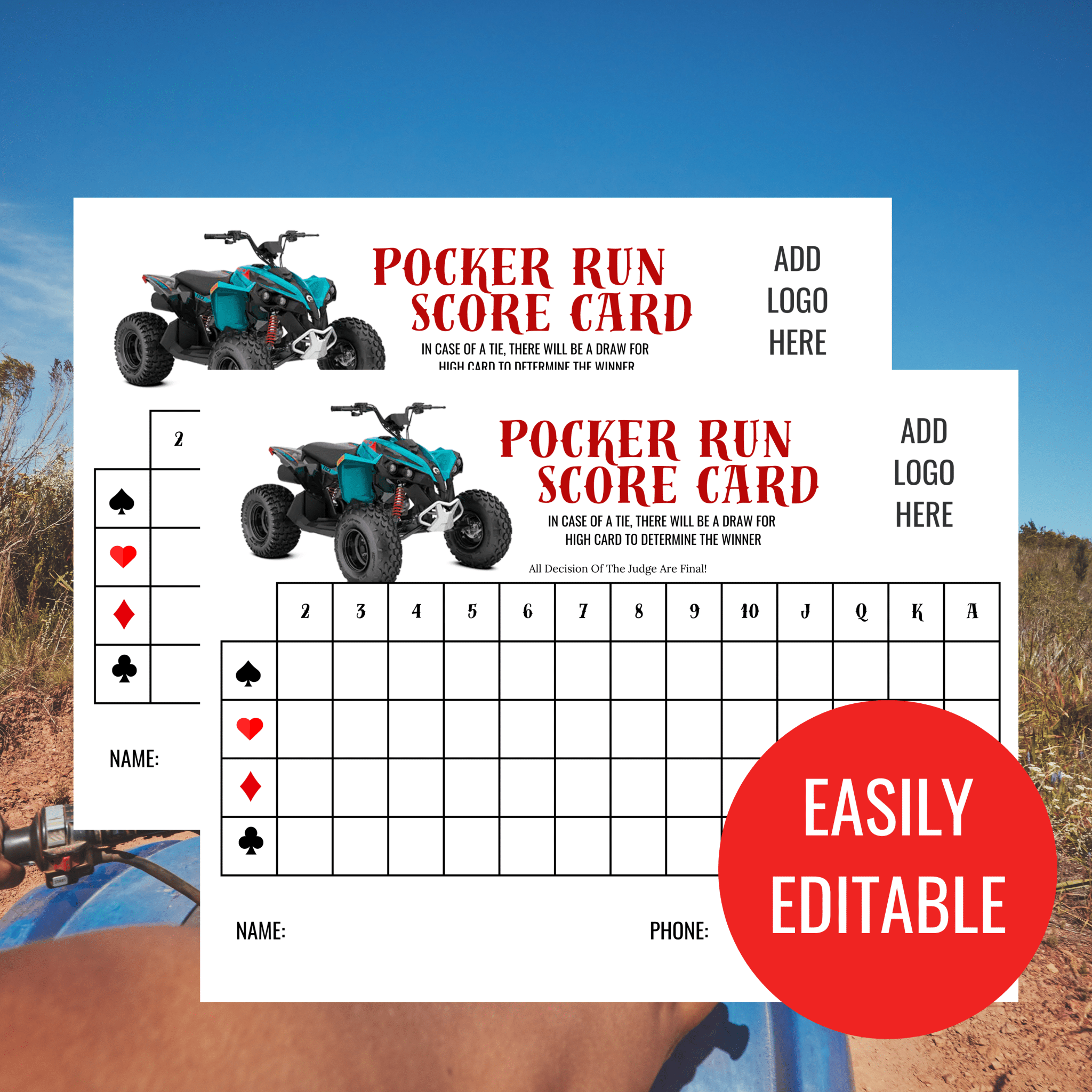 EDITABLE Poker Run Score Card (7 Cards)