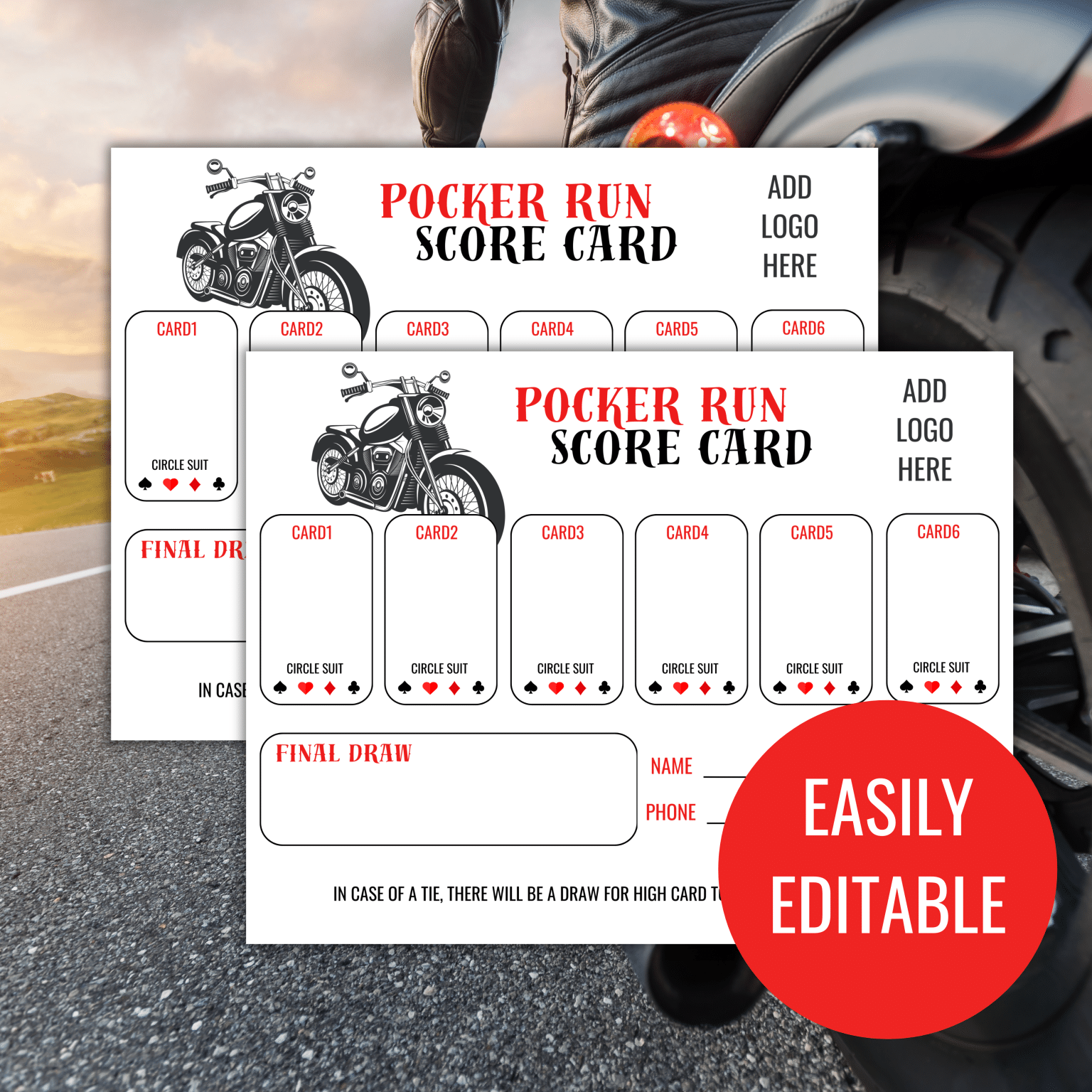 EDITABLE Poker Run Score Card (6 Card)