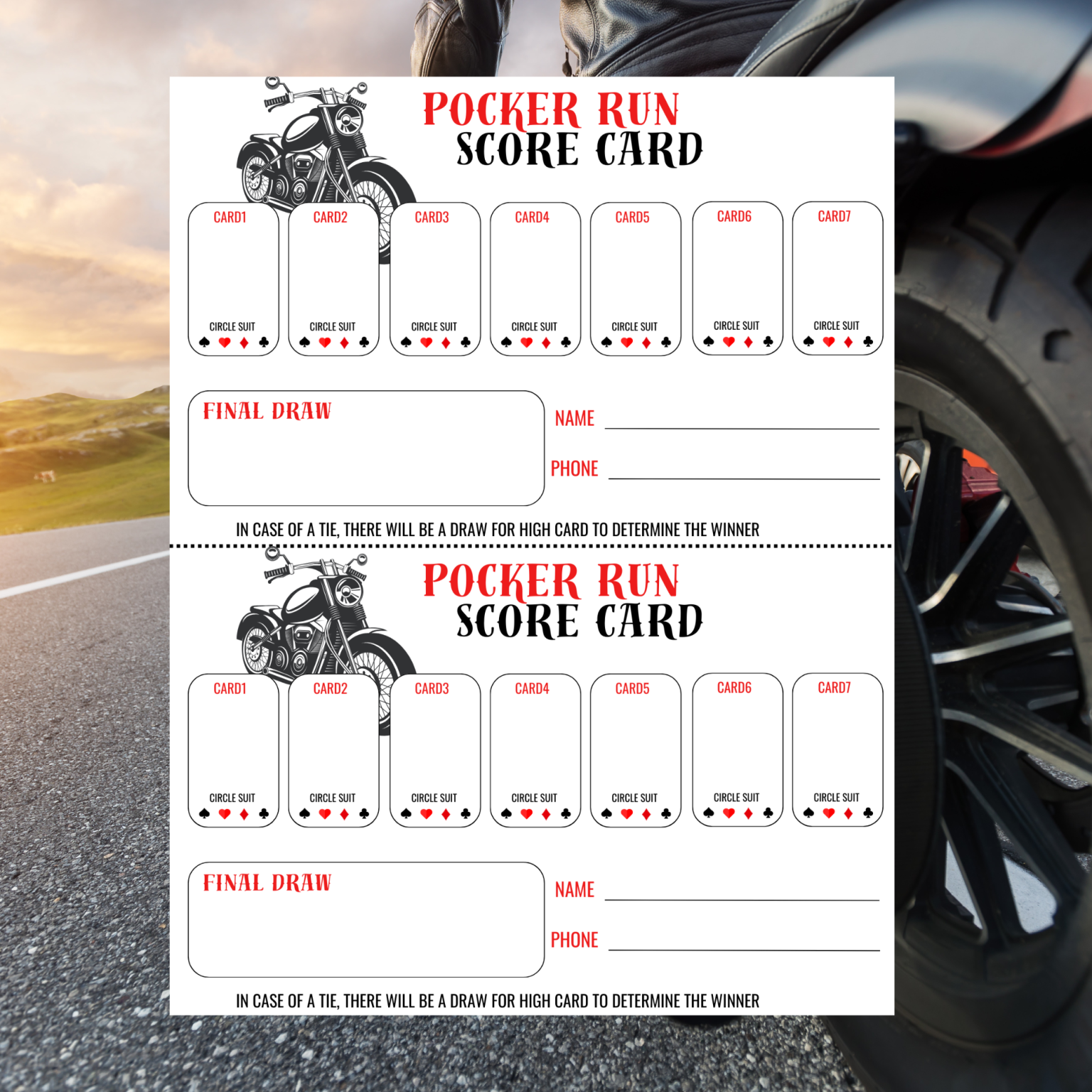 Poker Run Score Card (7 Cards)