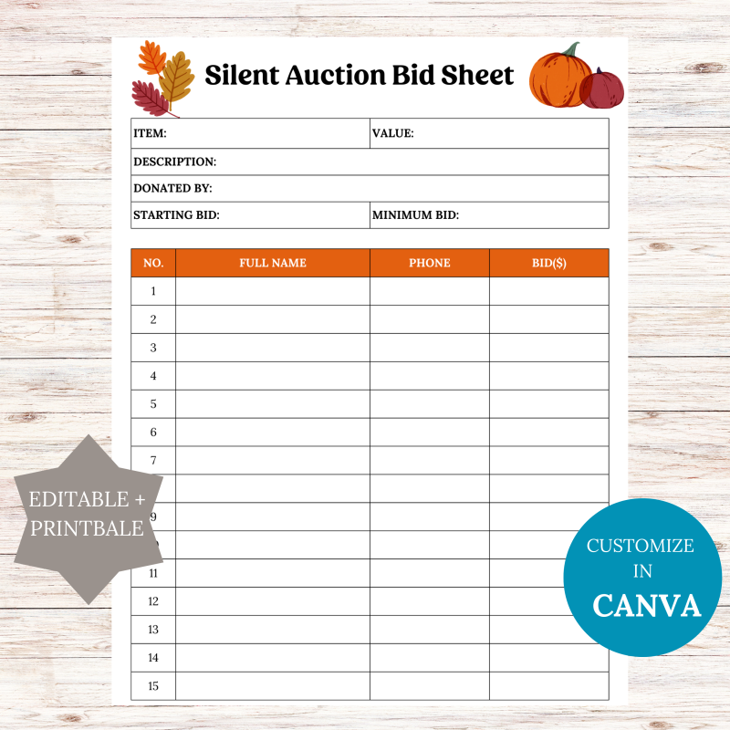 Editable Silent Auction Bid Sheet Fall