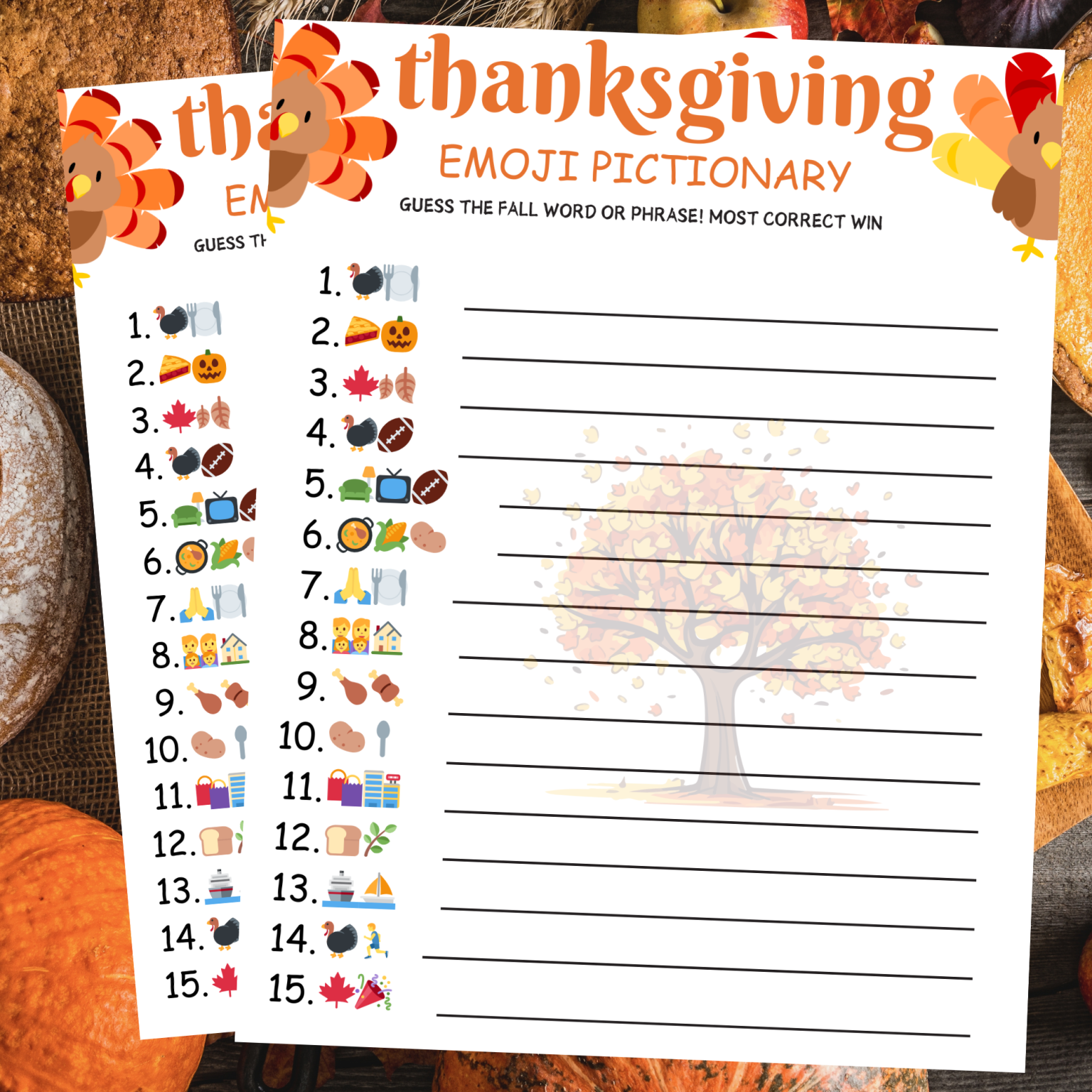 Thanksgiving Emoji Pictionary Game PDF Printable (INSTANT DOWNLOAD)