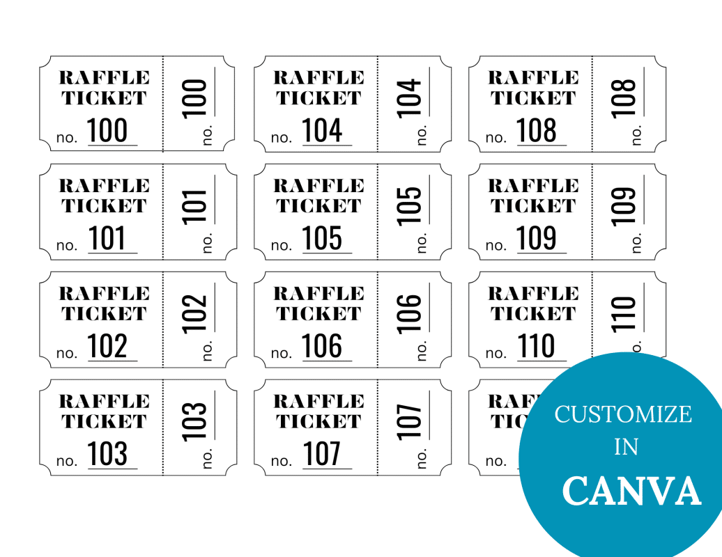 Editable Numbered Raffle Ticket With Numbers 1 to 204