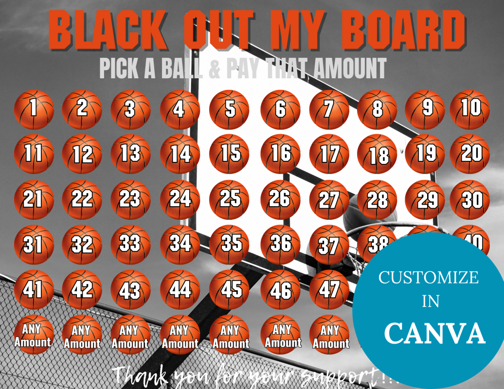 Editable Basketball Black Out My Board Fundraiser 45 Days