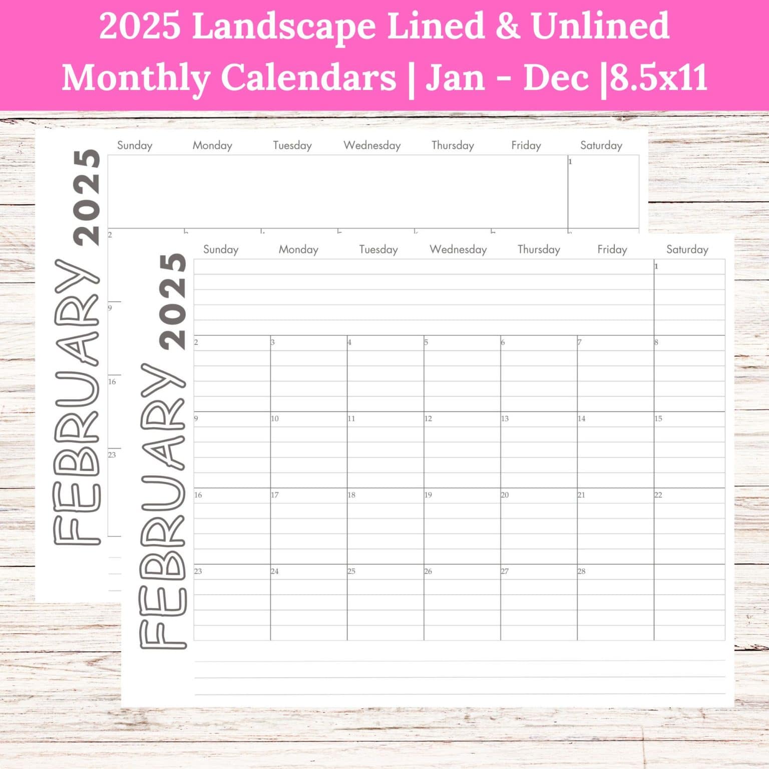 2025 Landscape Lined & Unlined Monthly Calendars |Jan - Dec |PDF ...