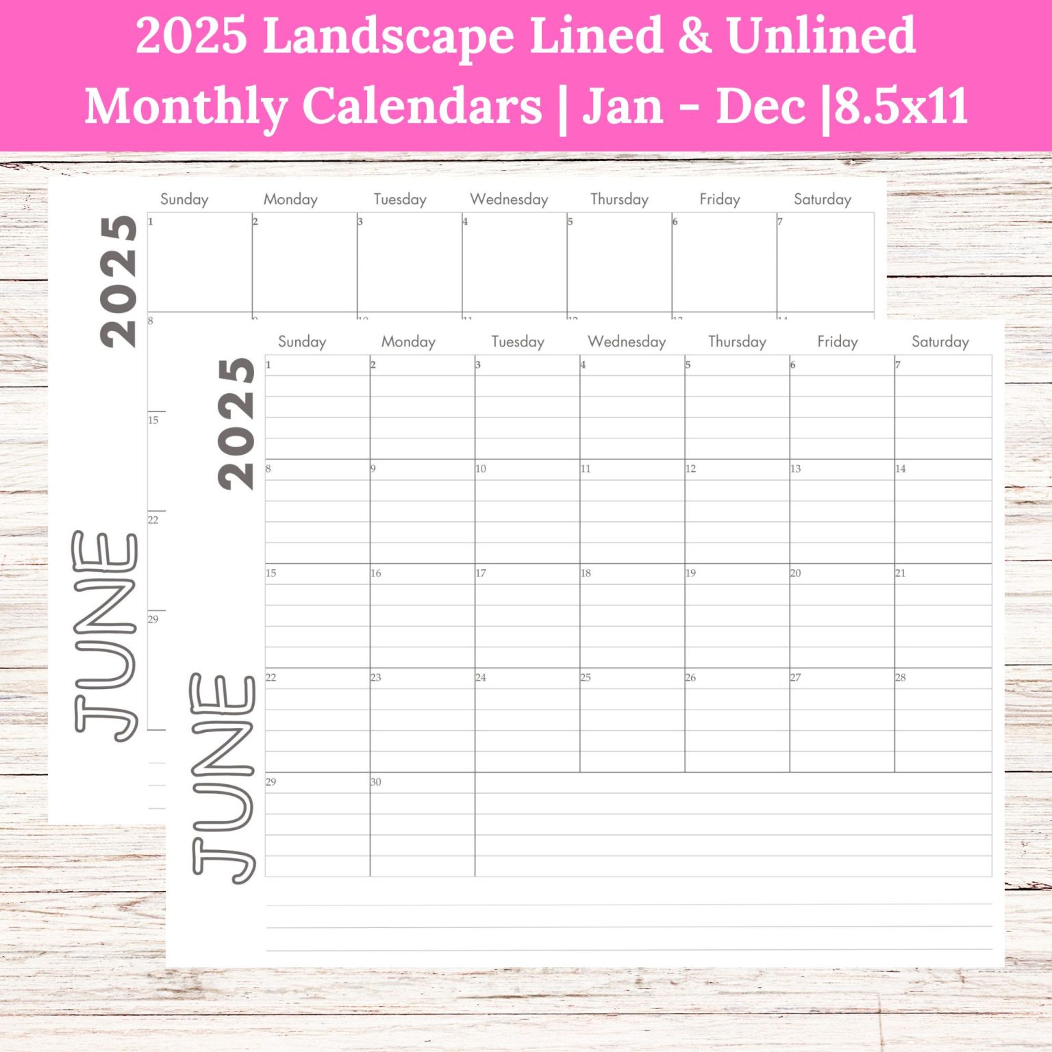 2025 Landscape Lined & Unlined Monthly Calendars |Jan - Dec |PDF ...