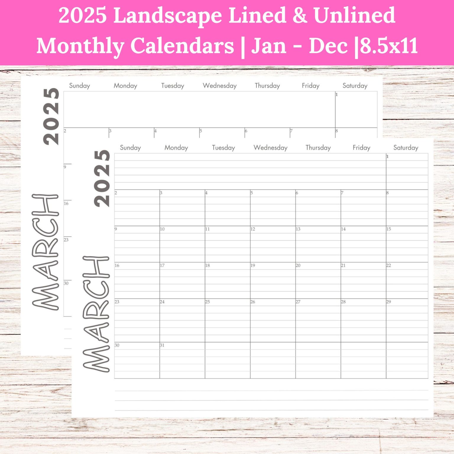2025 Landscape Lined & Unlined Monthly Calendars |Jan - Dec |PDF ...