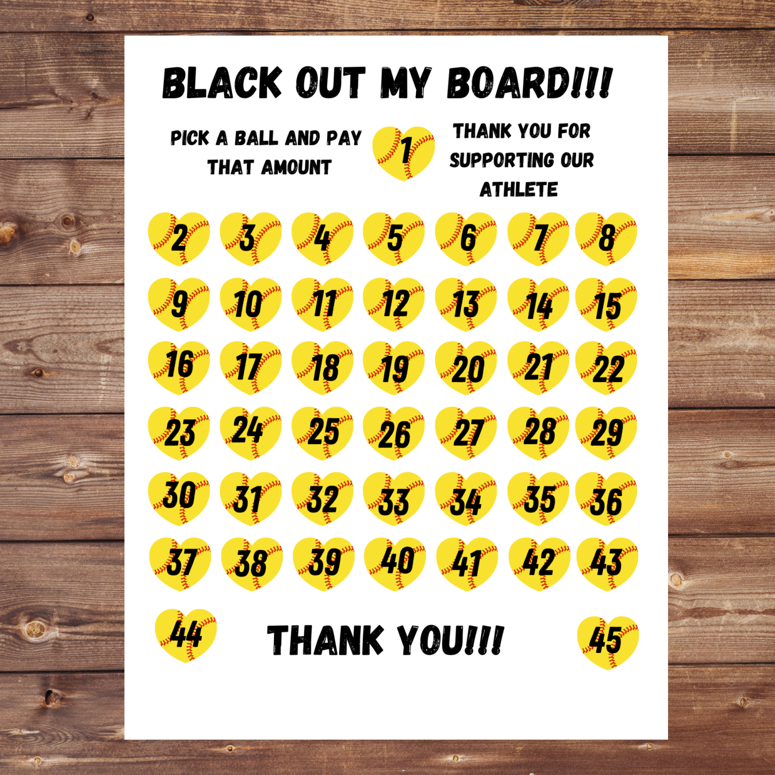 Editable Blackout Softball Fundraiser 100 Days Printable