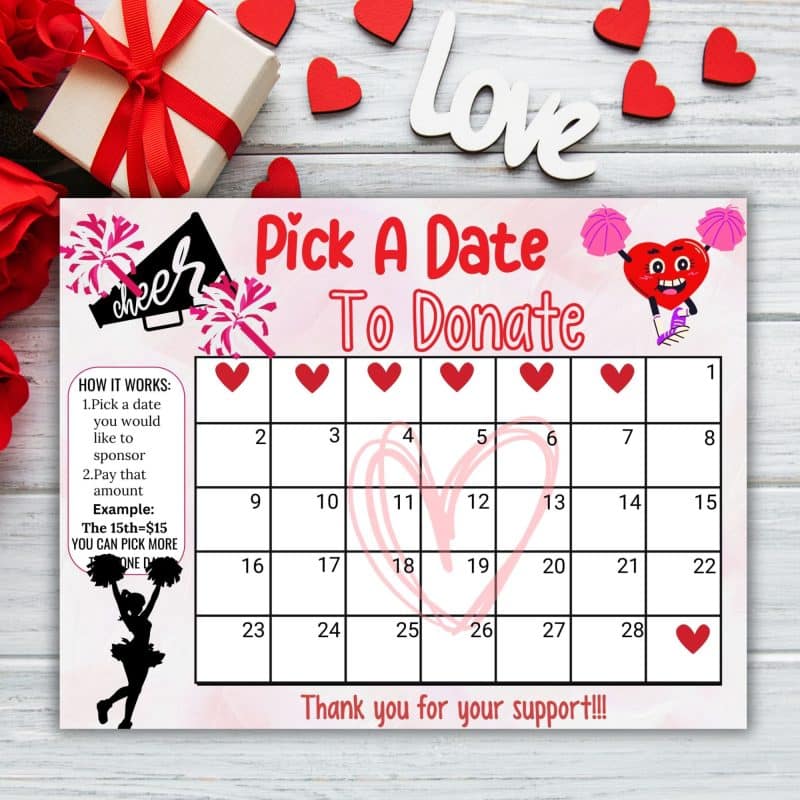Cheer February Pick a Date to Donate Valentines Calendar Fundraiser