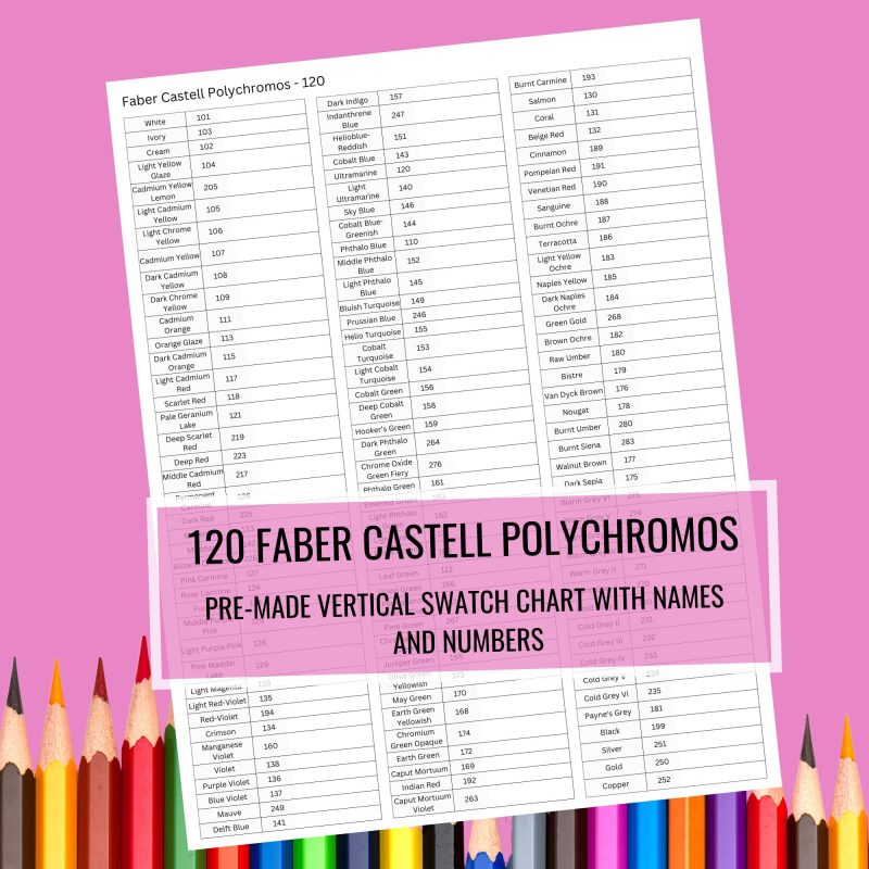 Faber-Castell 120 Polychromos Colored Pencils Swatch Chart (US LETTER & A4)