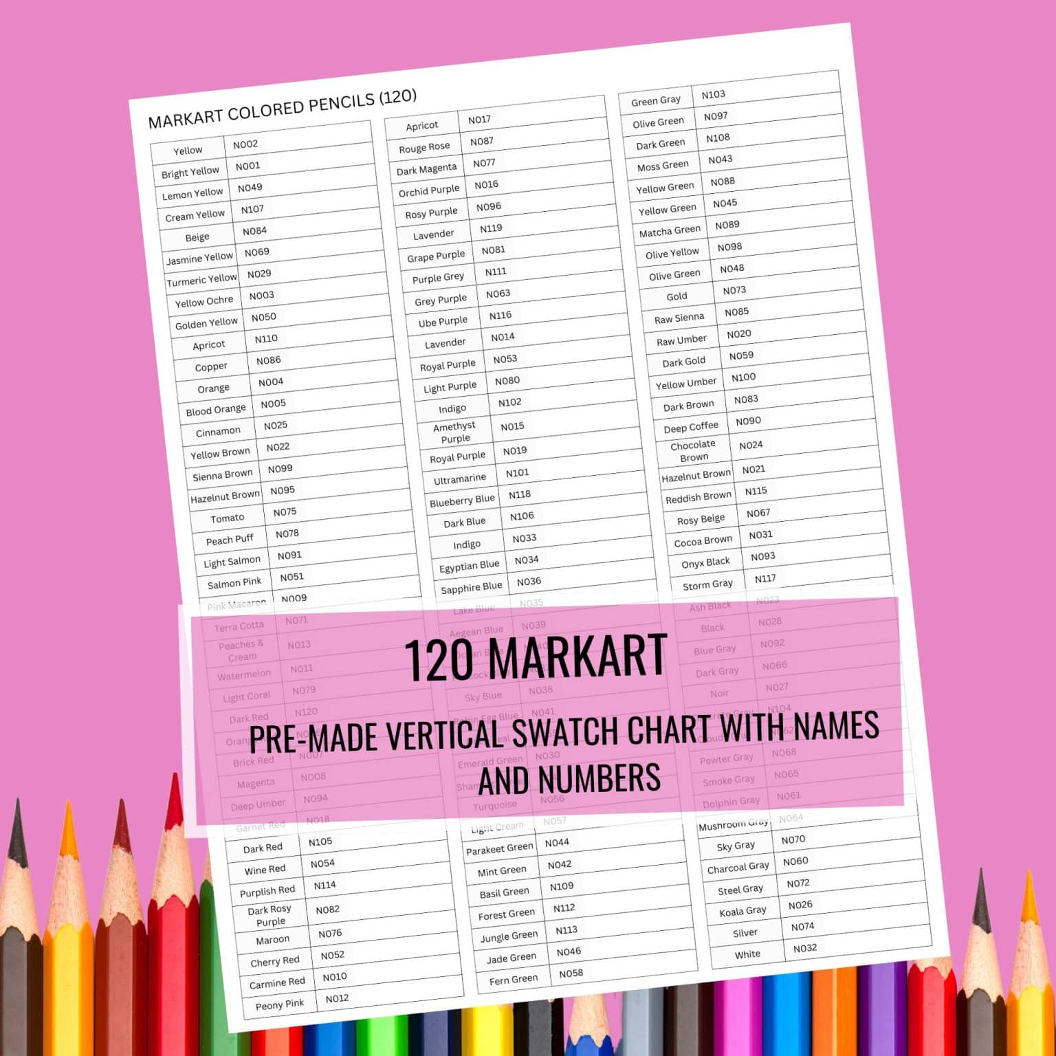 Markart 120 Colored Pencil Swatch Chart (US LETTER & A4)