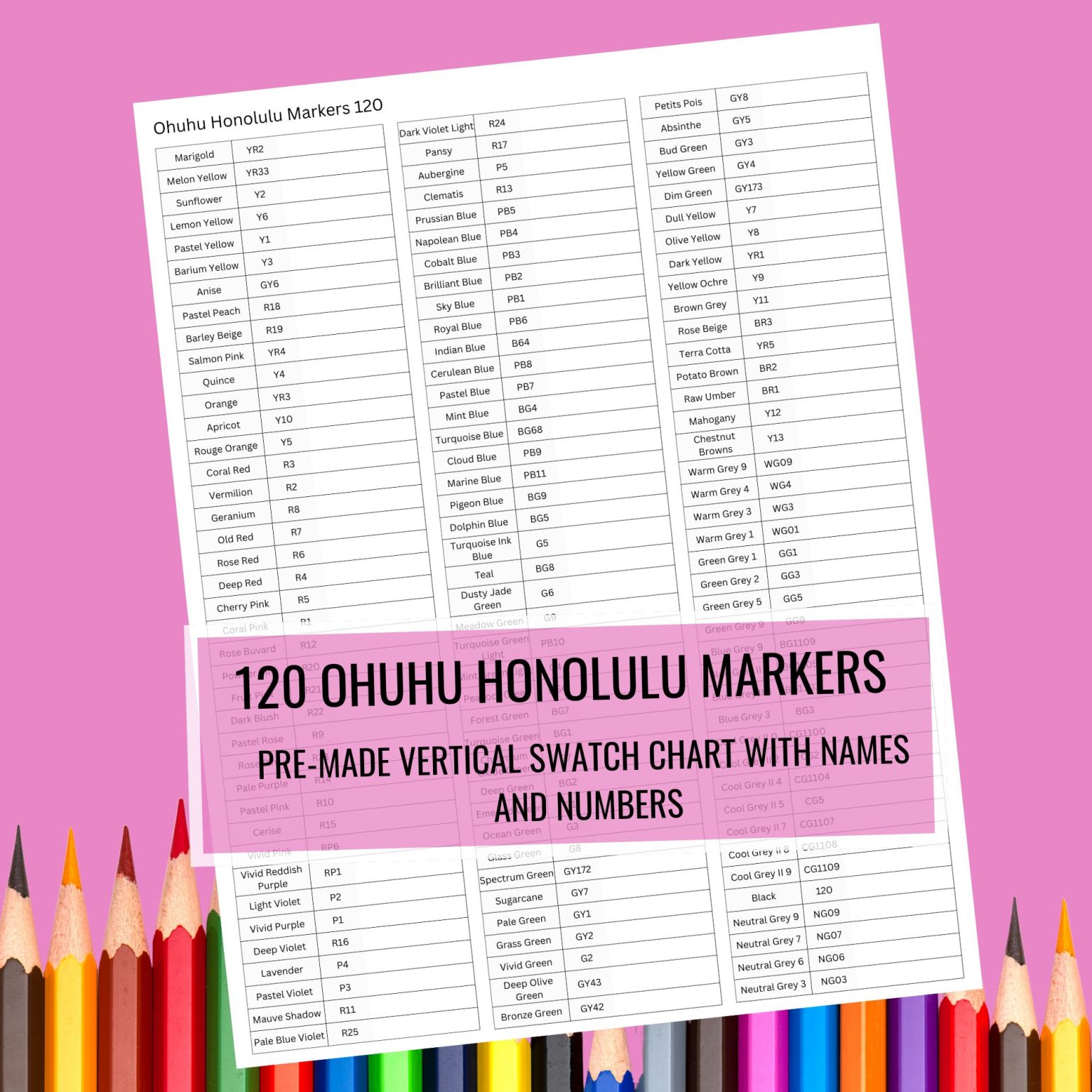 ohuhu honolulu markers 120 color chart (US LETTER & A4)