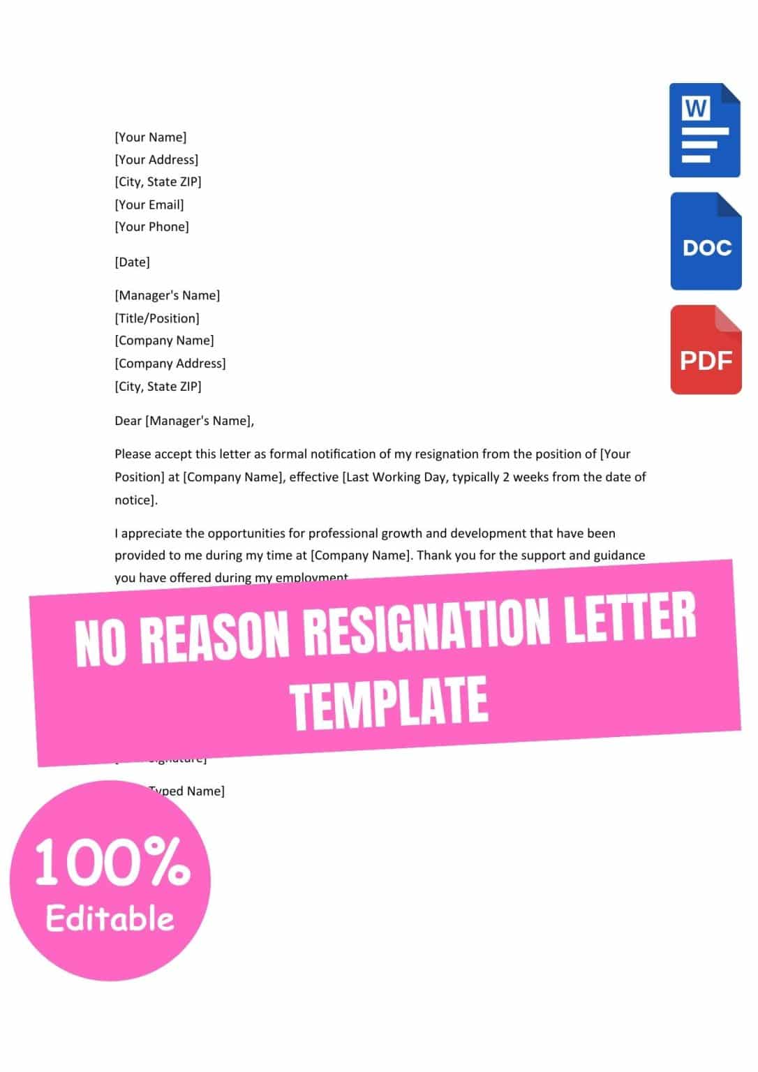 Editable No Reason Resignation Letter Template PDF/Google Docs/Word