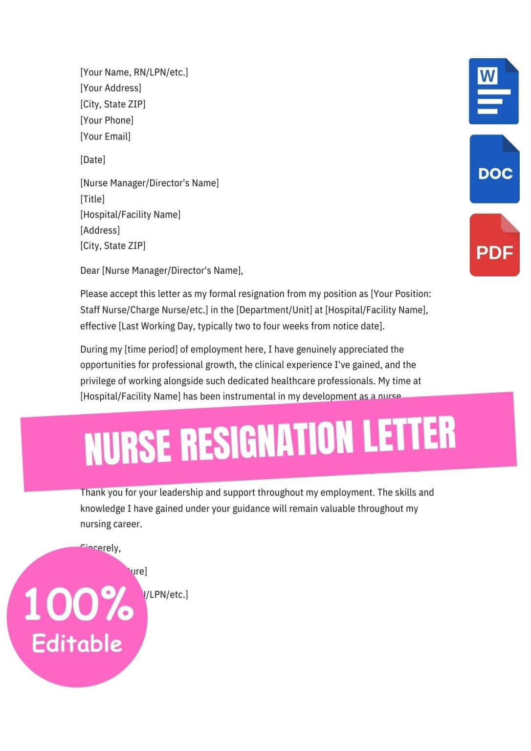 Editable Nurse Resignation Letter PDF/Google Docs/Word