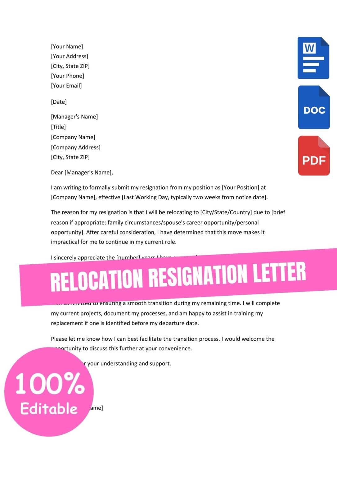 Editable Resignation Letter Due to Relocation PDF/Google Docs/Word