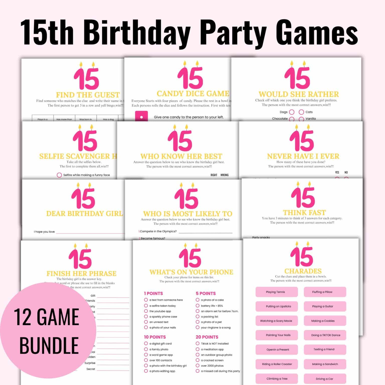 15th Birthday Party Games Bundle Printable