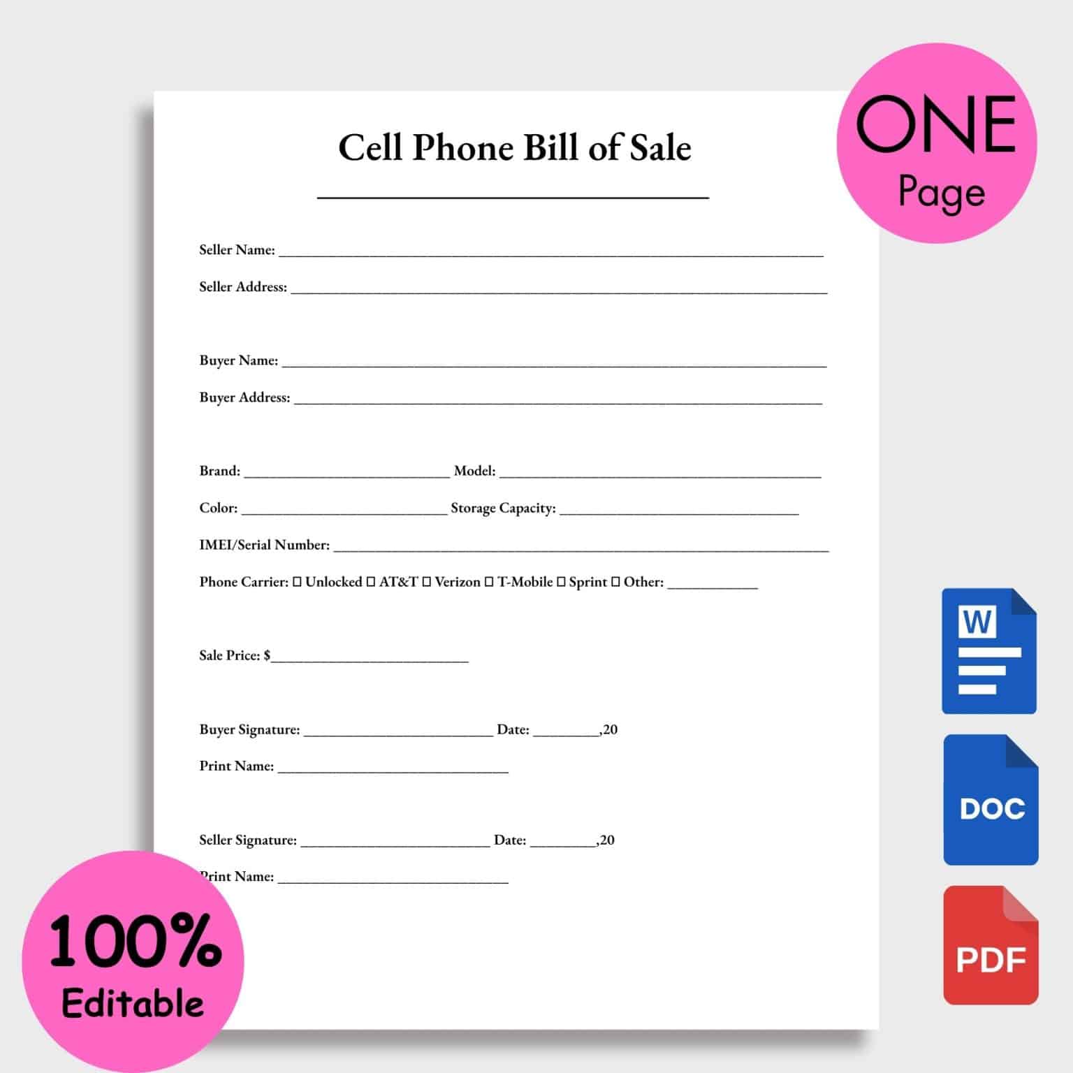 EDITABLE Cell Phone Bill of Sale Template Google Docs Word Pdf