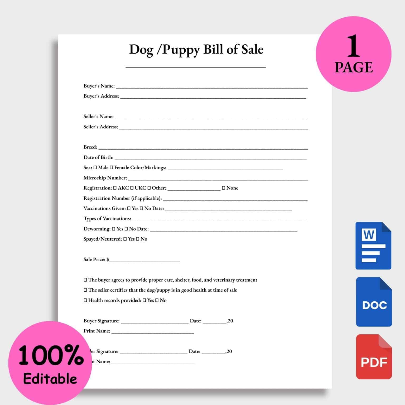 EDITABLE Simple Dog/Puppy Bill of Sale Template Google Docs Word Pdf