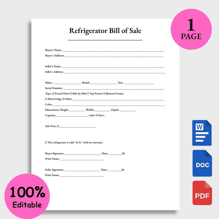 EDITABLE Simple Refrigerator Bill of Sale Template Google Docs Word Pdf