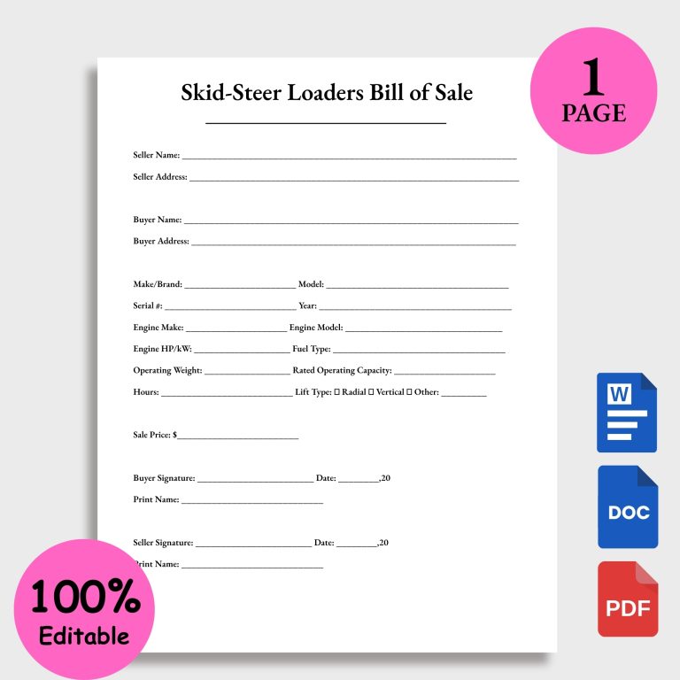 EDITABLE Skid-Steer Loaders Bill of Sale Template Google Docs Word Pdf
