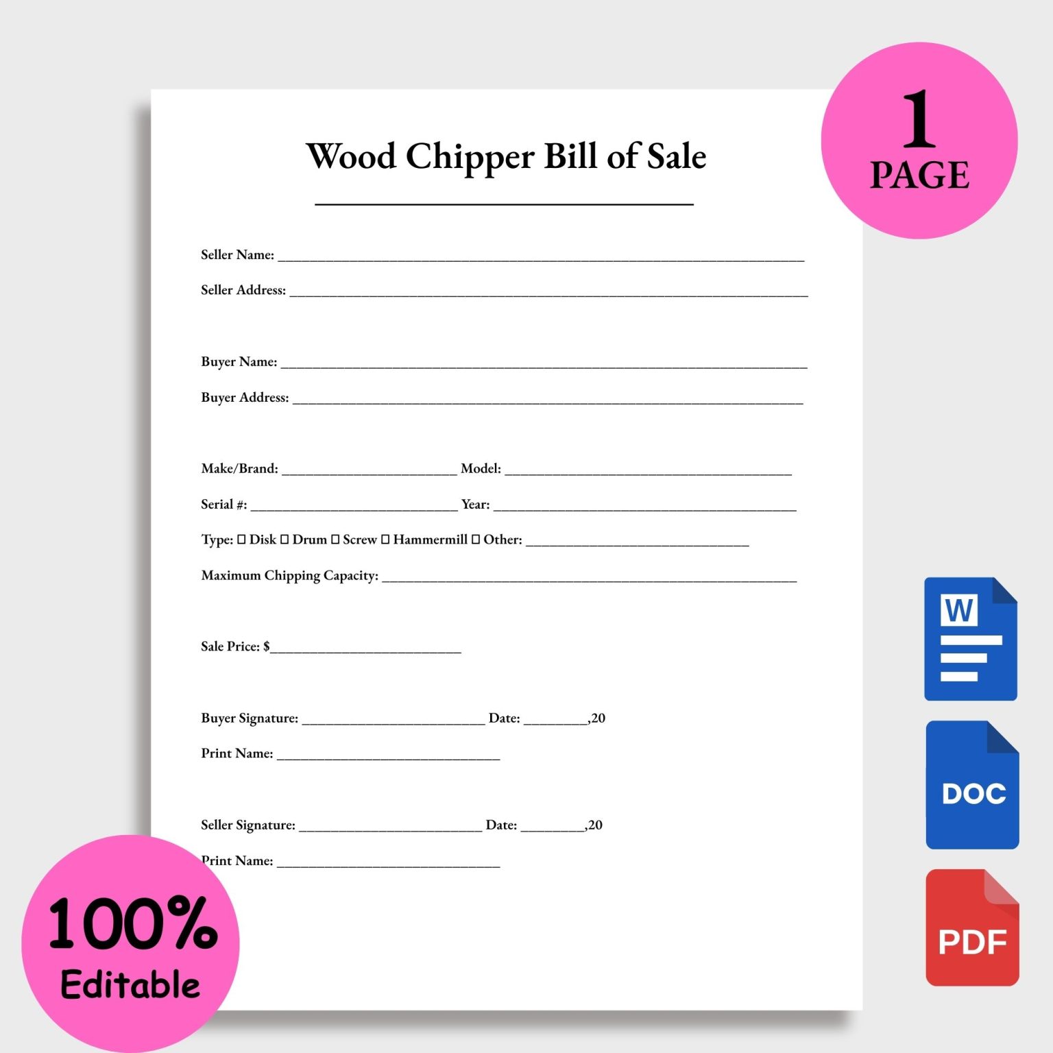 EDITABLE Wood Chipper Bill of Sale Template Google Docs Word Pdf
