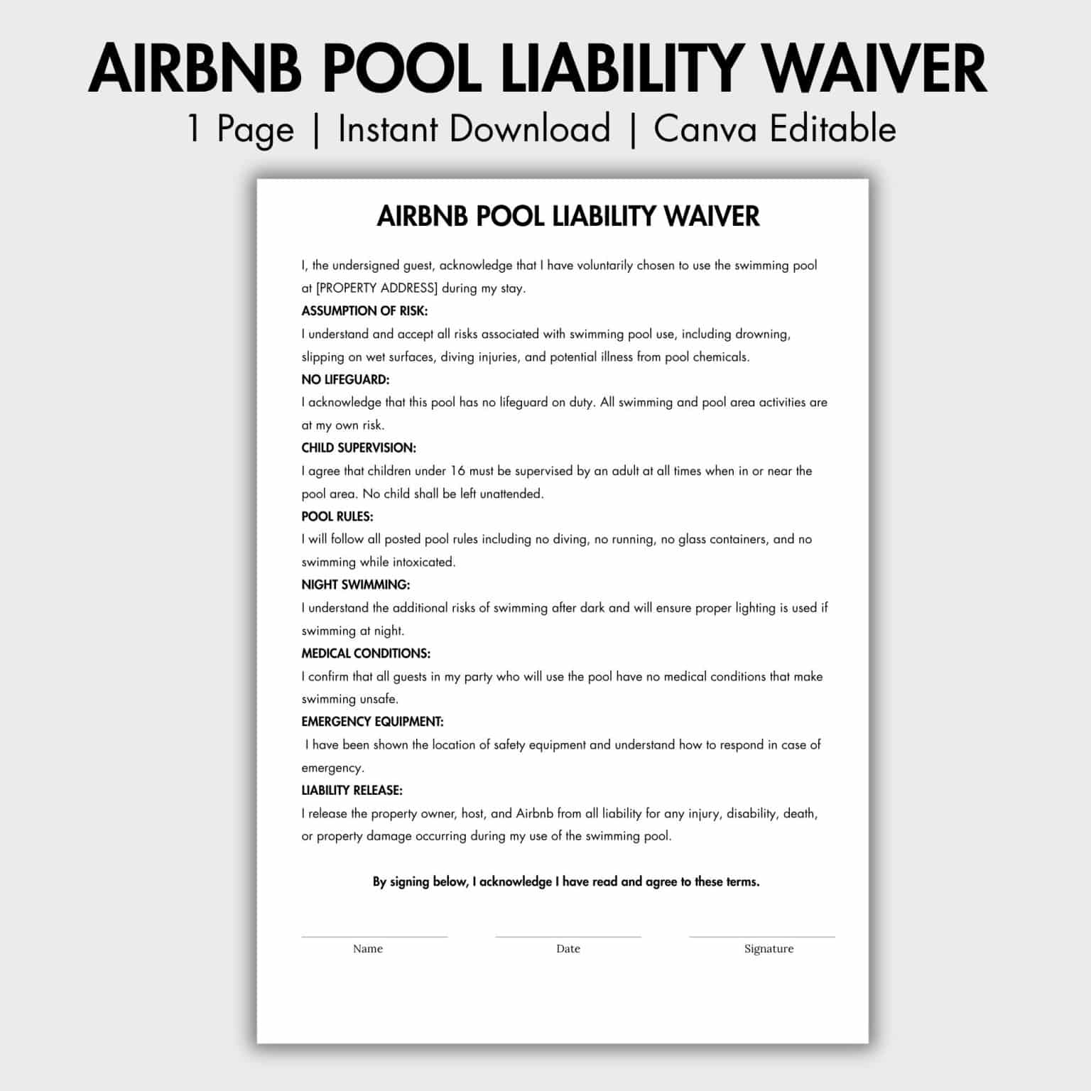 Editable Simple Airbnb Pool Liability Waiver