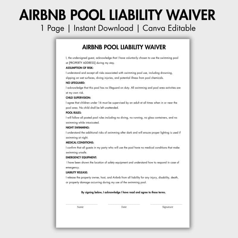 Editable Simple Airbnb Pool Liability Waiver