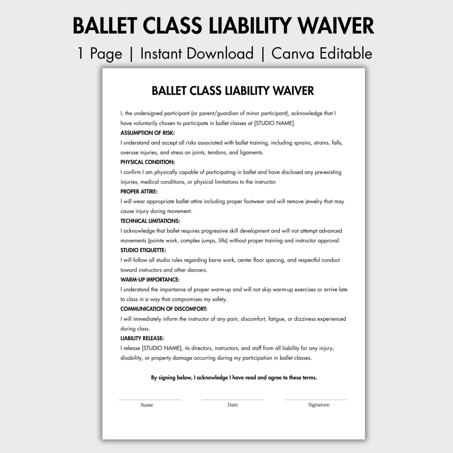 Editable Simple Ballet Class Liability Waiver