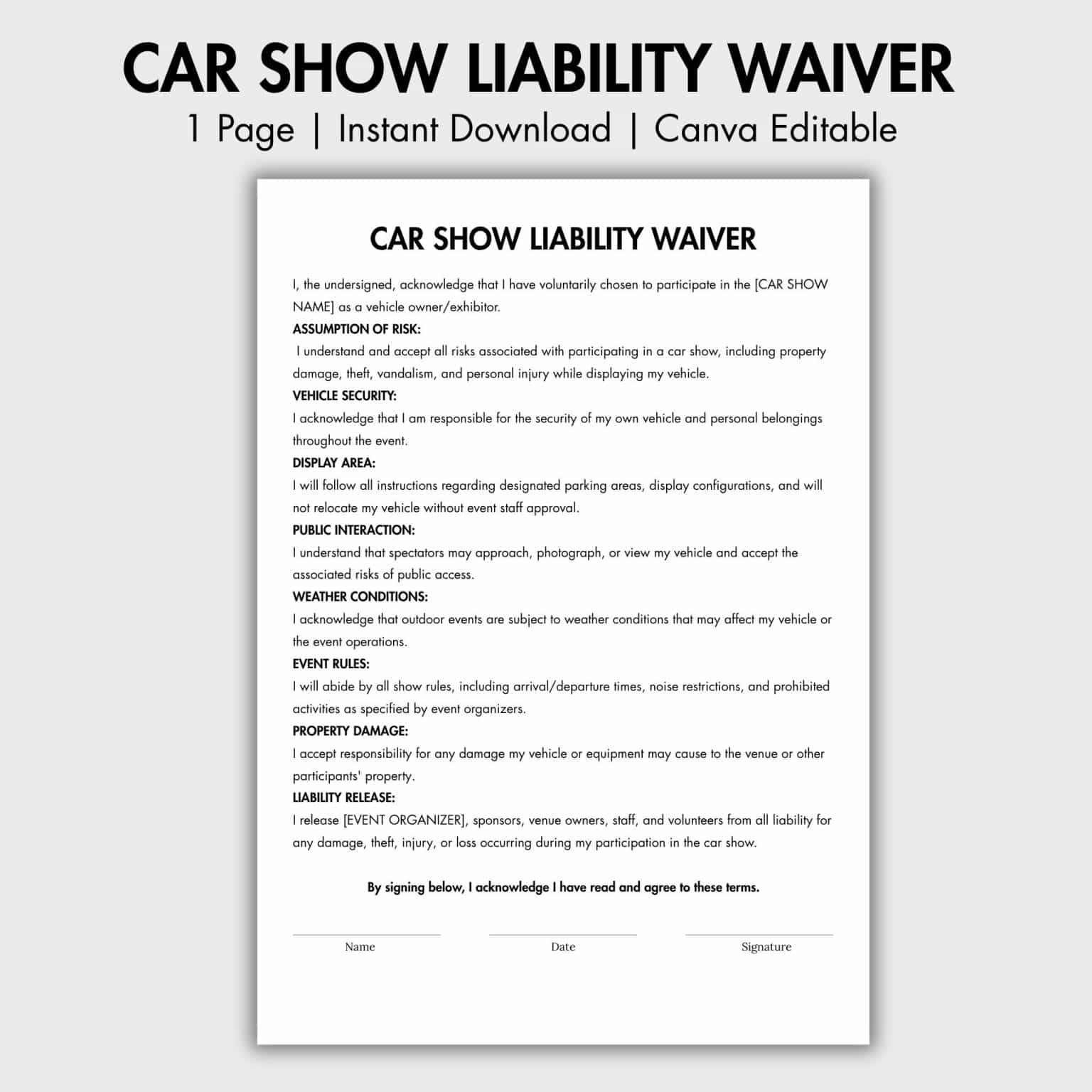 Editable Simple Car Show Liability Waiver